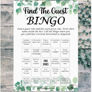 RokAPary Eucalyptus Theme Find The Guest Bingo Game, Wedding, Bridal Shower, Bachelorette or Engagement Party Game, Event Activities Play Pack of 50 Cards 5”x7” Made in USA