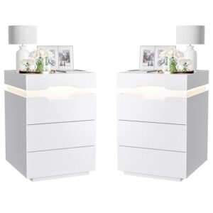 yeshomy nightstand with led light and charging station, endtable with 3 drawers, bedside table with large capacity, for bedroom, set of 2, 27.5" height, white