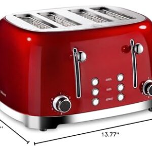 4 Slice Toaster Roter Mond Retro Stainless Steel Toasters with Bagel Defrost Cancel Function, 6 Browning Settings, Extre Wide Slot, Red