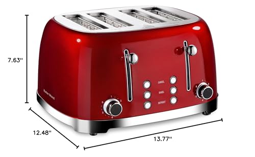 4 Slice Toaster Roter Mond Retro Stainless Steel Toasters with Bagel Defrost Cancel Function, 6 Browning Settings, Extre Wide Slot, Red