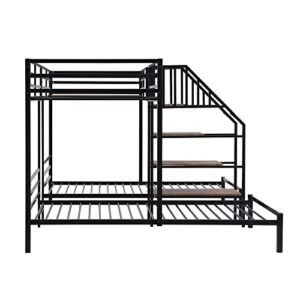 BOVZA Twin Size L-Shaped Metal Triple Bunk Bed with Storage Stairs, Twin Over Twin & Twin Triple Bunk Beds for 3 Kids Teens Girls Boys, Black