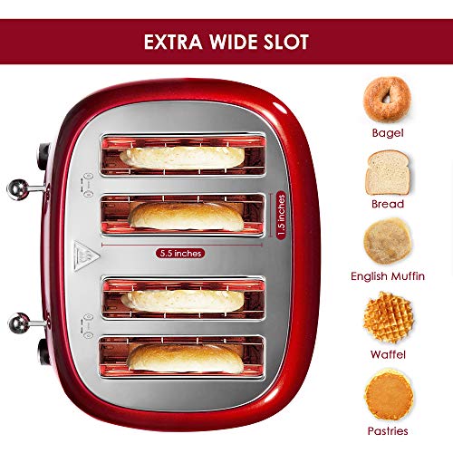 4 Slice Toaster Roter Mond Retro Stainless Steel Toasters with Bagel Defrost Cancel Function, 6 Browning Settings, Extre Wide Slot, Red