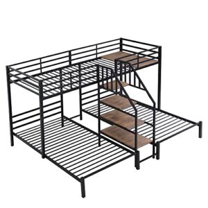 BOVZA Twin Size L-Shaped Metal Triple Bunk Bed with Storage Stairs, Twin Over Twin & Twin Triple Bunk Beds for 3 Kids Teens Girls Boys, Black