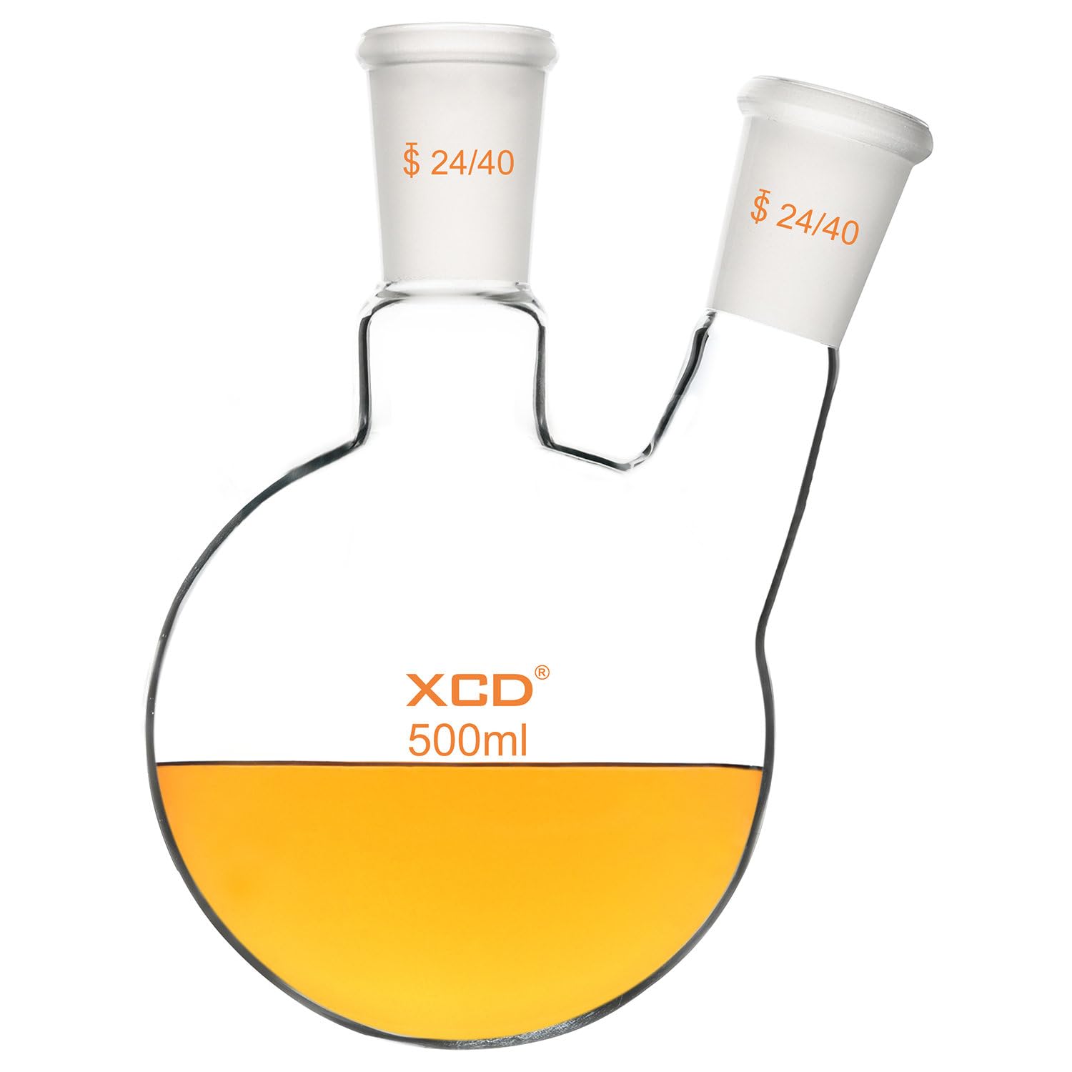 XCD Round Bottom Flask with 2 Necks, Borosilicate Glass Round Bottom Flask RBF Heavy Wall 2 Neck Lab Flask with 24/40 Center and Side Standard Taper Outer Joint (500 ml)