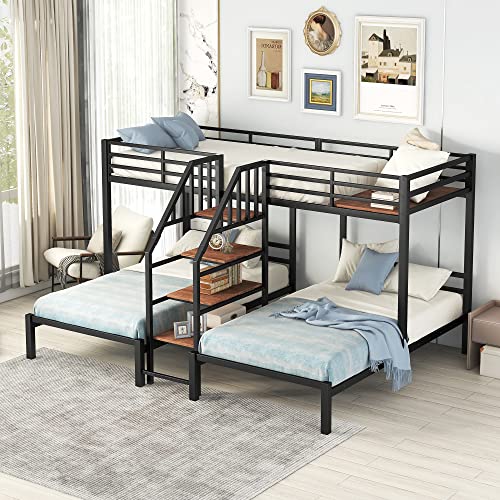 BOVZA Twin Size L-Shaped Metal Triple Bunk Bed with Storage Stairs, Twin Over Twin & Twin Triple Bunk Beds for 3 Kids Teens Girls Boys, Black