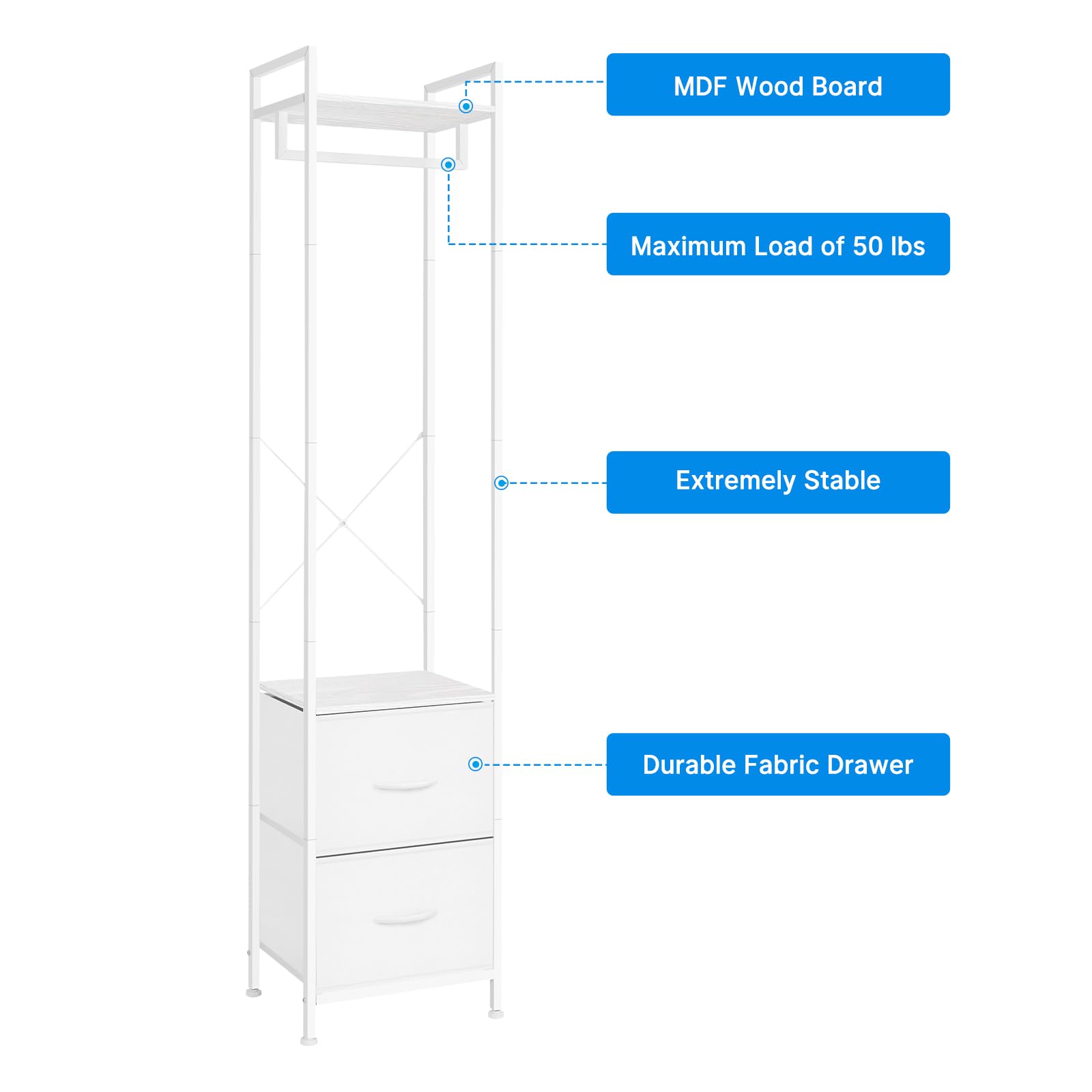 smusei Clothes Rack with Drawers Heavy Duty Garment Rack with Fabric Drawers and Storage Shelves Freestanding Clothing Rack for Bedroom Entryway Living room White