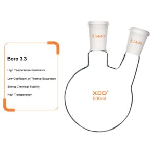 XCD Round Bottom Flask with 2 Necks, Borosilicate Glass Round Bottom Flask RBF Heavy Wall 2 Neck Lab Flask with 24/40 Center and Side Standard Taper Outer Joint (500 ml)