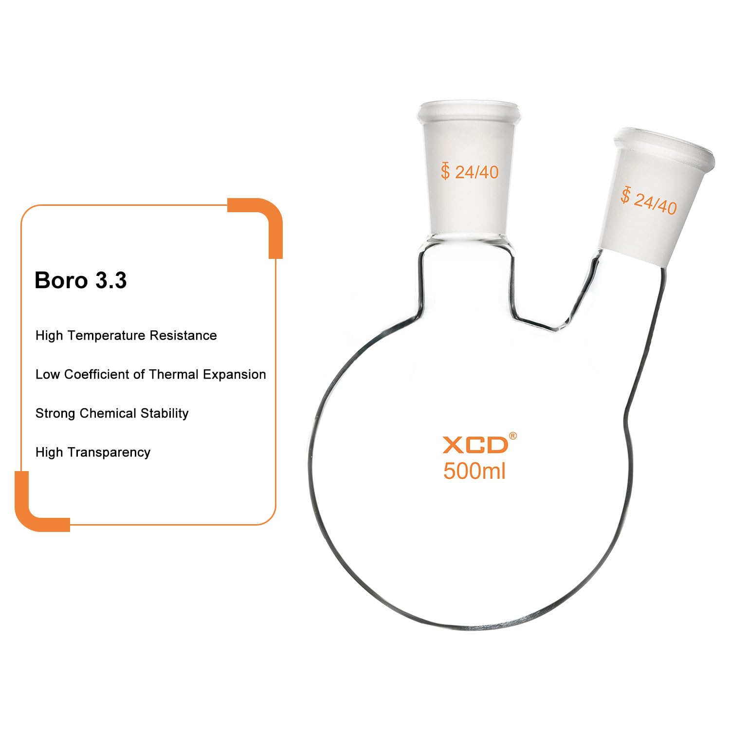 XCD Round Bottom Flask with 2 Necks, Borosilicate Glass Round Bottom Flask RBF Heavy Wall 2 Neck Lab Flask with 24/40 Center and Side Standard Taper Outer Joint (500 ml)