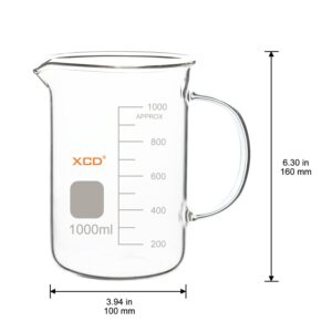 XCD Glass Beaker (1000 ml), Borosilicate Glass Beaker Low Form Griffin Graduated Beaker with Handle and Pouring Spout