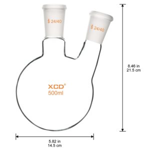 XCD Round Bottom Flask with 2 Necks, Borosilicate Glass Round Bottom Flask RBF Heavy Wall 2 Neck Lab Flask with 24/40 Center and Side Standard Taper Outer Joint (500 ml)