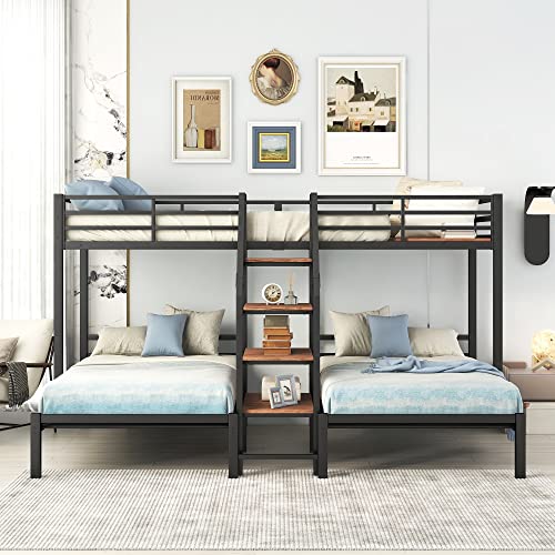 BOVZA Twin Size L-Shaped Metal Triple Bunk Bed with Storage Stairs, Twin Over Twin & Twin Triple Bunk Beds for 3 Kids Teens Girls Boys, Black