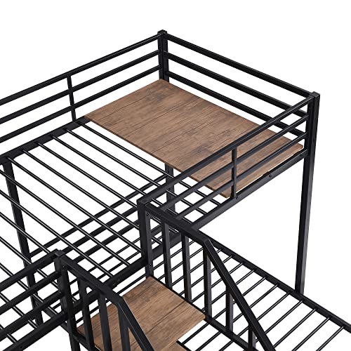 BOVZA Twin Size L-Shaped Metal Triple Bunk Bed with Storage Stairs, Twin Over Twin & Twin Triple Bunk Beds for 3 Kids Teens Girls Boys, Black