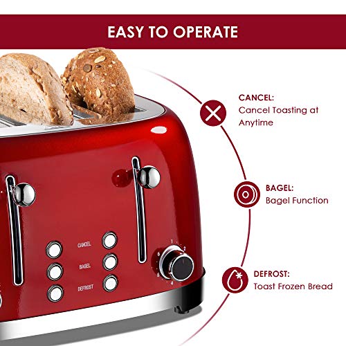 4 Slice Toaster Roter Mond Retro Stainless Steel Toasters with Bagel Defrost Cancel Function, 6 Browning Settings, Extre Wide Slot, Red