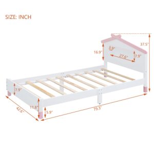 Harper & Bright Designs Twin Bed Frames with House-Shaped Headboard, Wooden Kids Twin Platform Bed Frame with Motion Activated Night Lights, Cute Single Twin Bed for Girls Boys, White+Pink