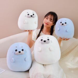 pangcangshu Seal Plush Stuffed Animal White/Blue Plushie Seal Round Pillow Toys for Girls Kawaii Baby Animal Pillow Cushion Kids Soft Toy Christmas Ocean Gift (Blue,40cm/15.7 inch)