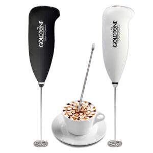 goldtone powerful milk frother handheld foam maker for lattes w/stencil tool - whisk drink mixer for coffee, mini foamer for cappuccino, frappe, matcha, hot chocolate (black)