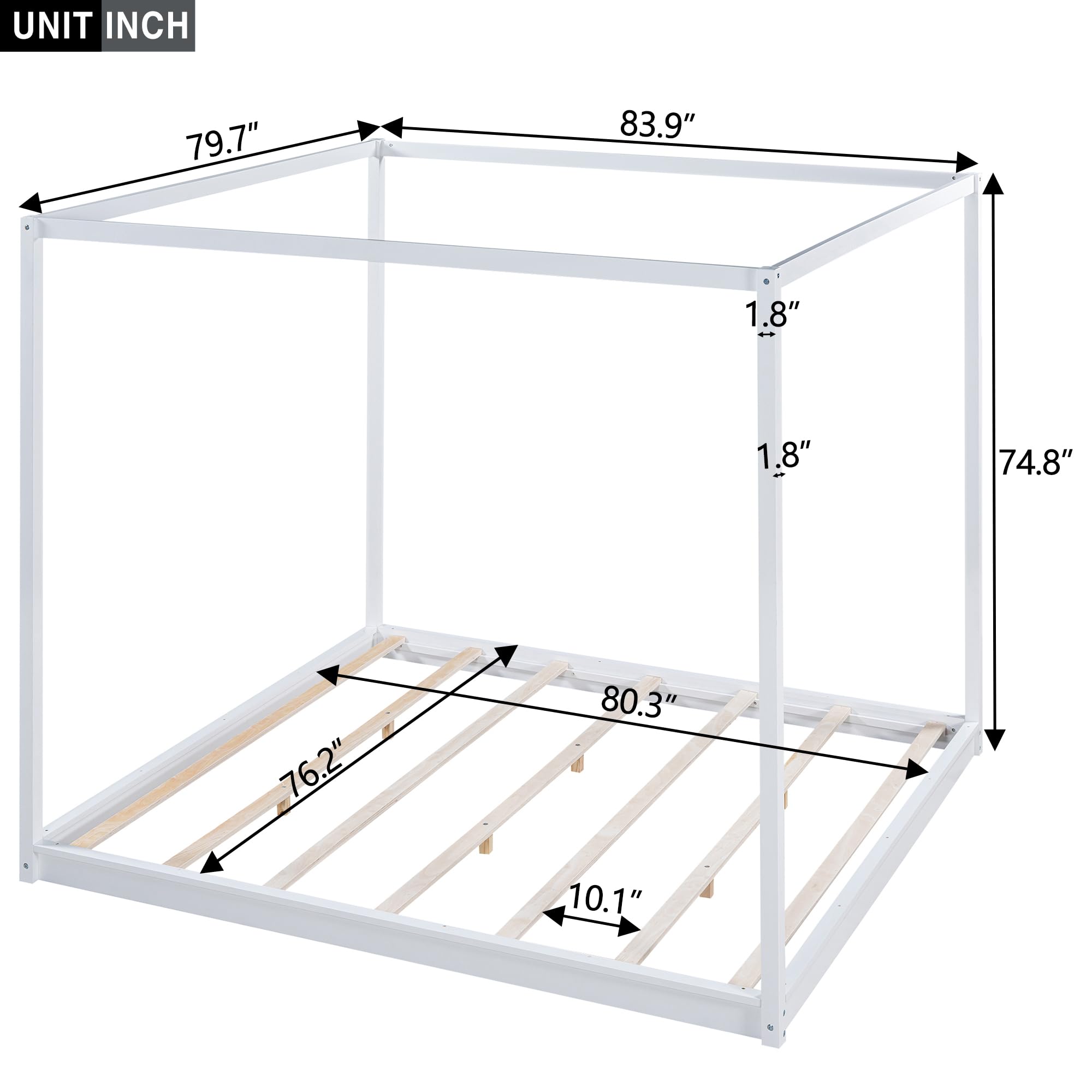 King Size Canopy Floor Bed Wood 4 Posters Platform Bed Frame with Slat Support, No Box Spring Needed, for Kids Teens Adults (King, White)