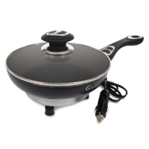 travel time 12v cooking pan with cover – universal for most vehicles, non-stick surface, stay-cool handle, on-the-go cooking, small cooking appliance