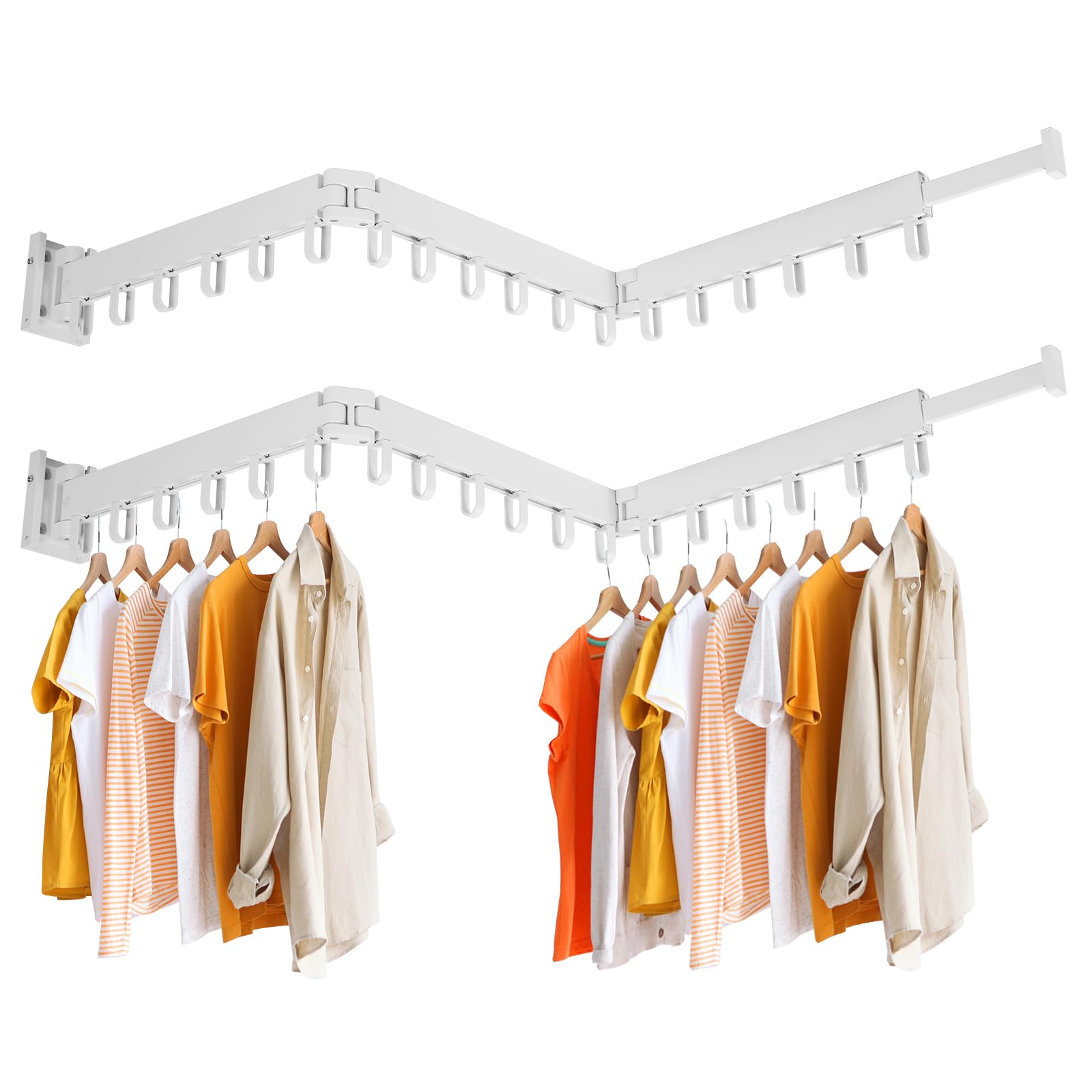 Layhit 2 Pcs Wall Mounted Laundry Room Rack Clothes Drying Rack Over The Door Pants Hanger Retractable Collapsible Rental House Clothing Dryer Rack, White Windproof Ring Hooks, 3 Fold