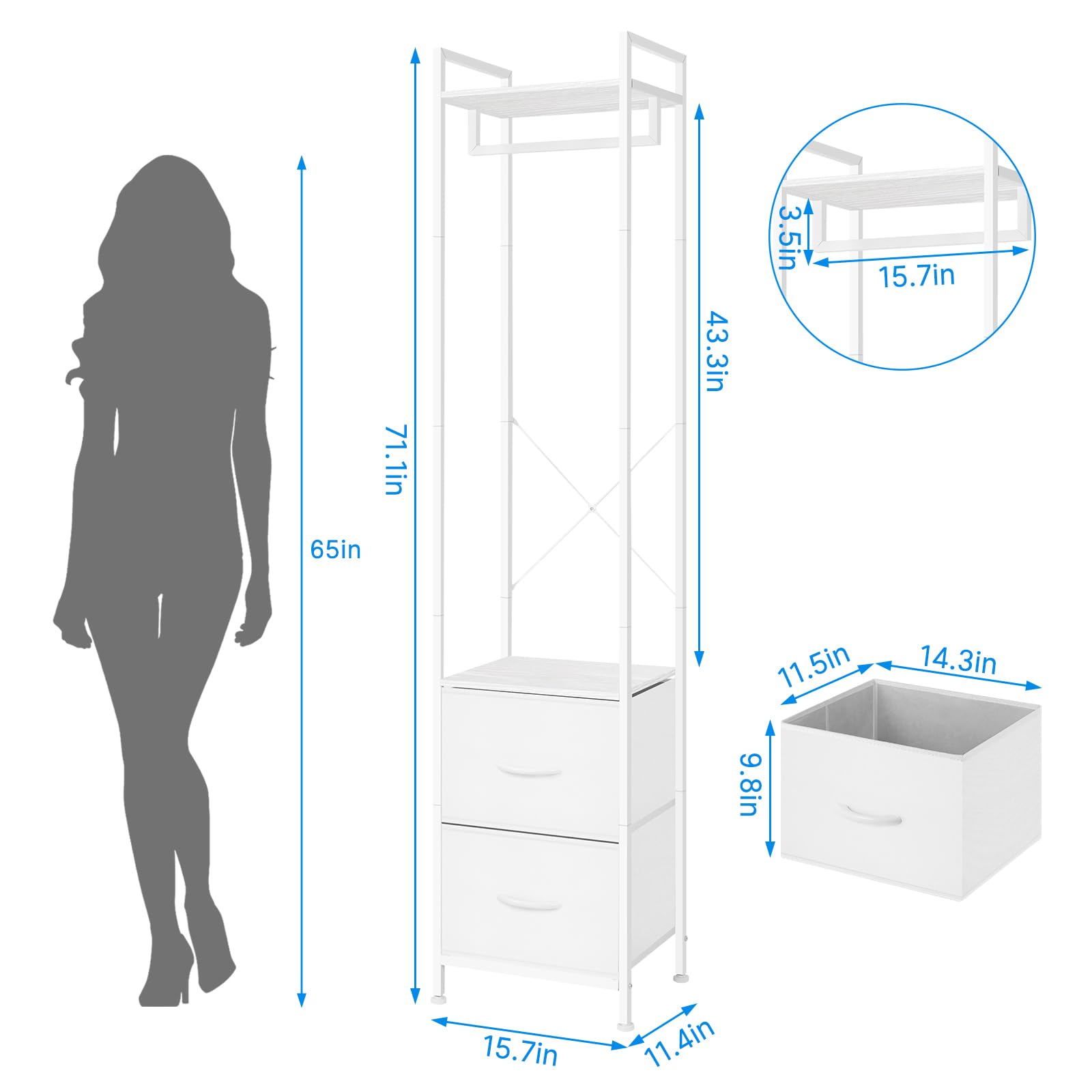 smusei Clothes Rack with Drawers Heavy Duty Garment Rack with Fabric Drawers and Storage Shelves Freestanding Clothing Rack for Bedroom Entryway Living room White