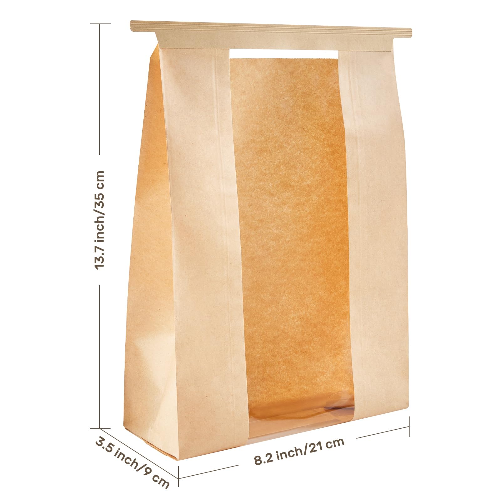 ZORRITA 50 Pack Large Bread Bags, 8.2 x 3.5 x 13.7 Inches Kraft Paper Bakery Bags with Windows Tin Tie Tab Lock Large Bread Bags for Packaging Homemade Sourdough Bread Loaf Cookies Popcorns