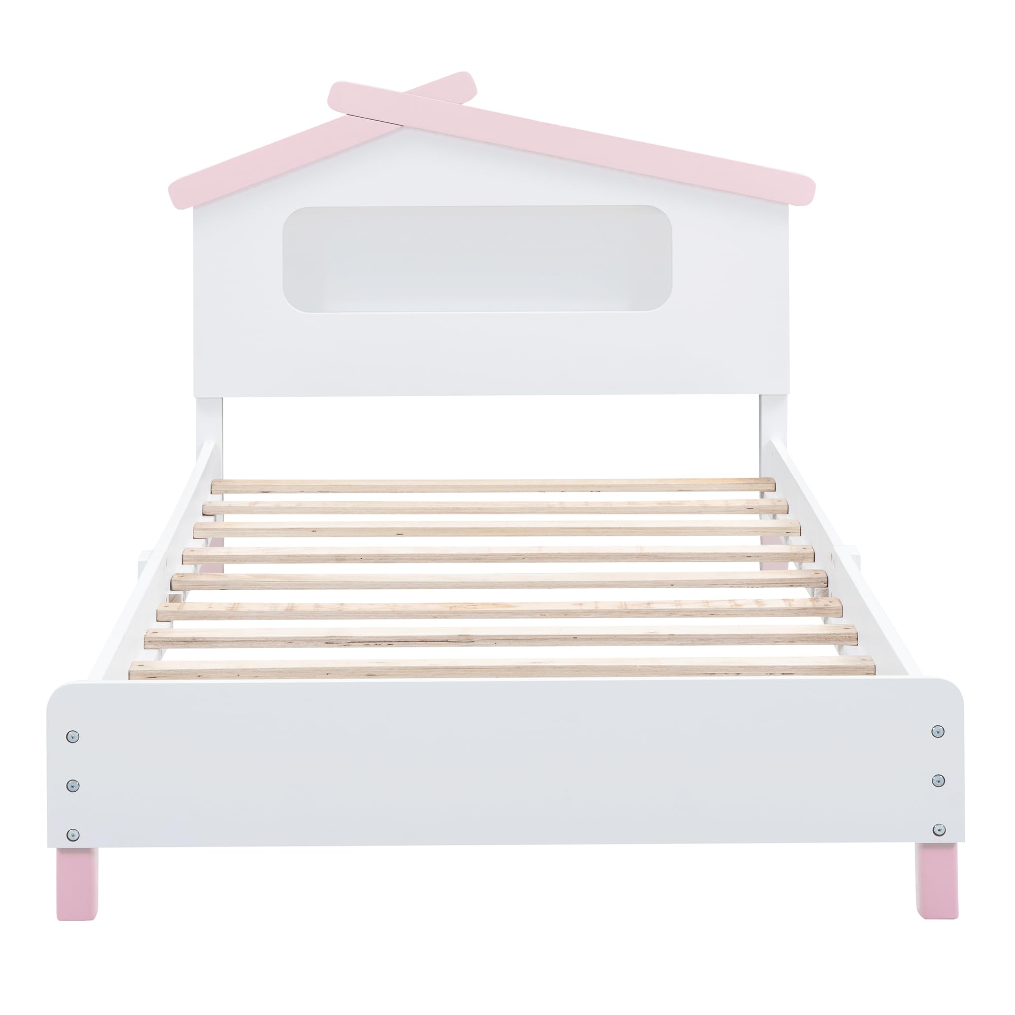 Twin Platform Bed with LED Lights, Wooden Twin Kids Bed with House-Shaped Headboard, Twin Size House Bed Frame for Kids Teens Girls Boys,No Box Spring Needed (White+Pink)