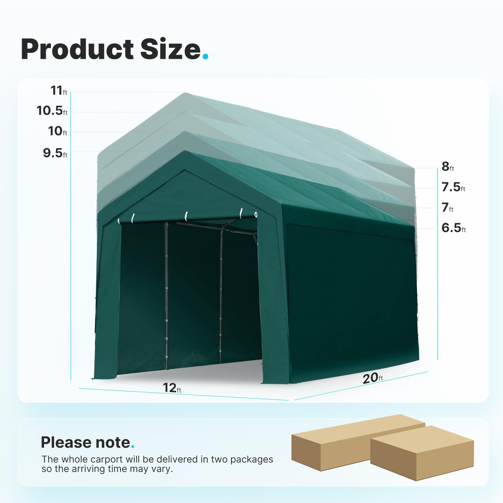 ADVANCE OUTDOOR 12x20 ft Heavy Duty Carports with Sidewalls and Doors, Adjustable Height from 9.5 ft to 11 ft, Car Canopy Garage Party Tent Boat Shelter with 8 Reinforced Poles and 4 Sandbags, Green