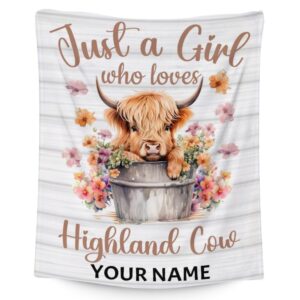 custom highland cow blanket with name for kids, aldults - soft, fuzzy & cozy - 50"x60" throw size blankets for sofa, work - white cute warm throw blankets gifts