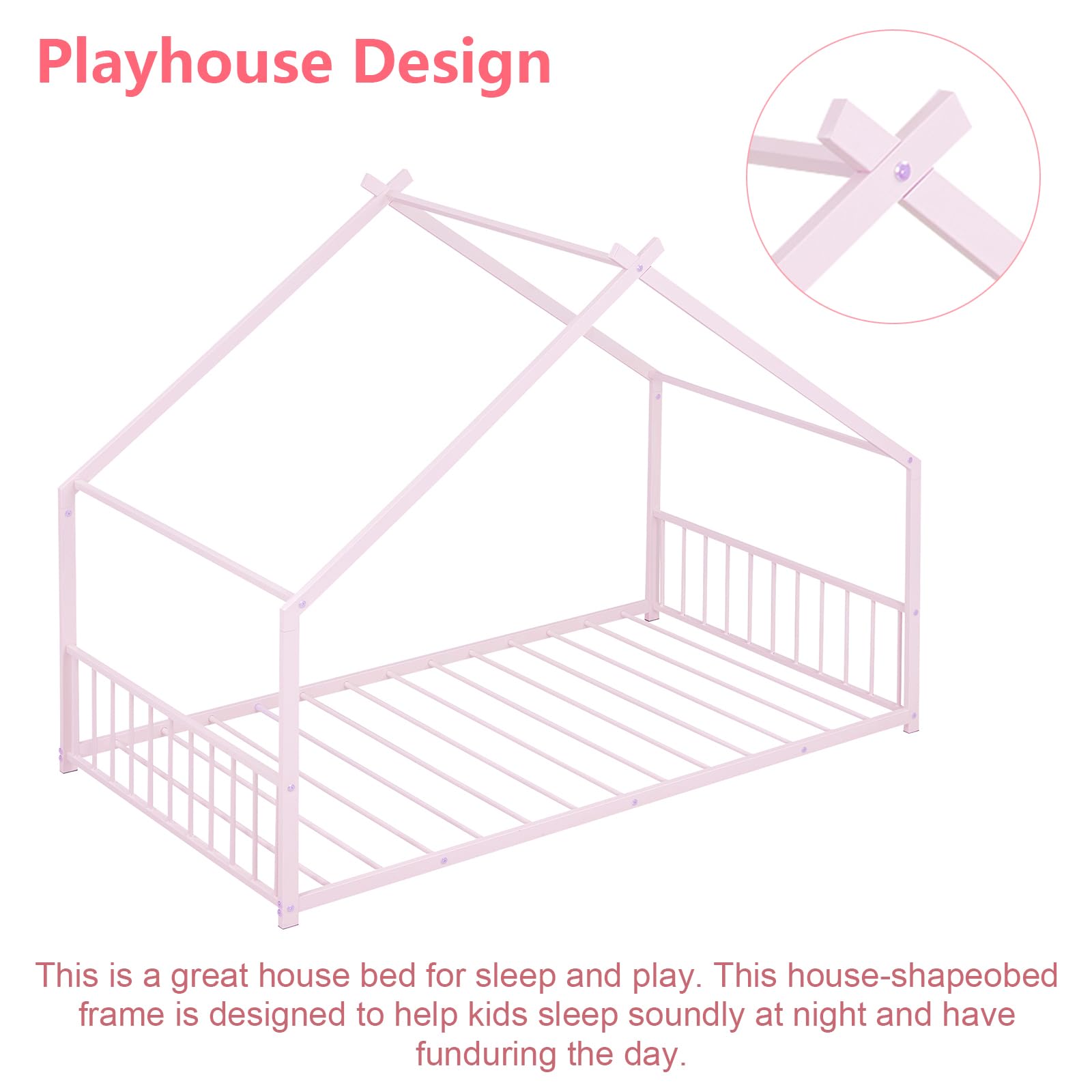 Lakifun Twin Size Floor House Bed for Kids,Metal Floor Bed Frame Montessori Bed with Roof and Guardrails,Twin Low House Bed Playhouse Bed for Children Girls and Boys, Pink(Enclude Bed Slats)