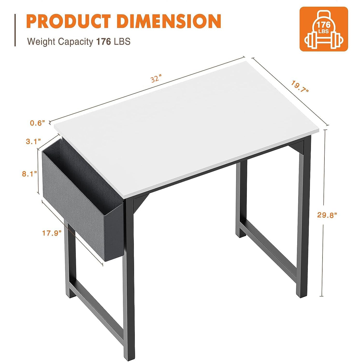 Sweetcrispy Computer Desk - 32 Inch Small Office Writing Work Study Kids Student Teacher Home Bedroom Table Storage Bag Headphone Hooks & no Wheels - White