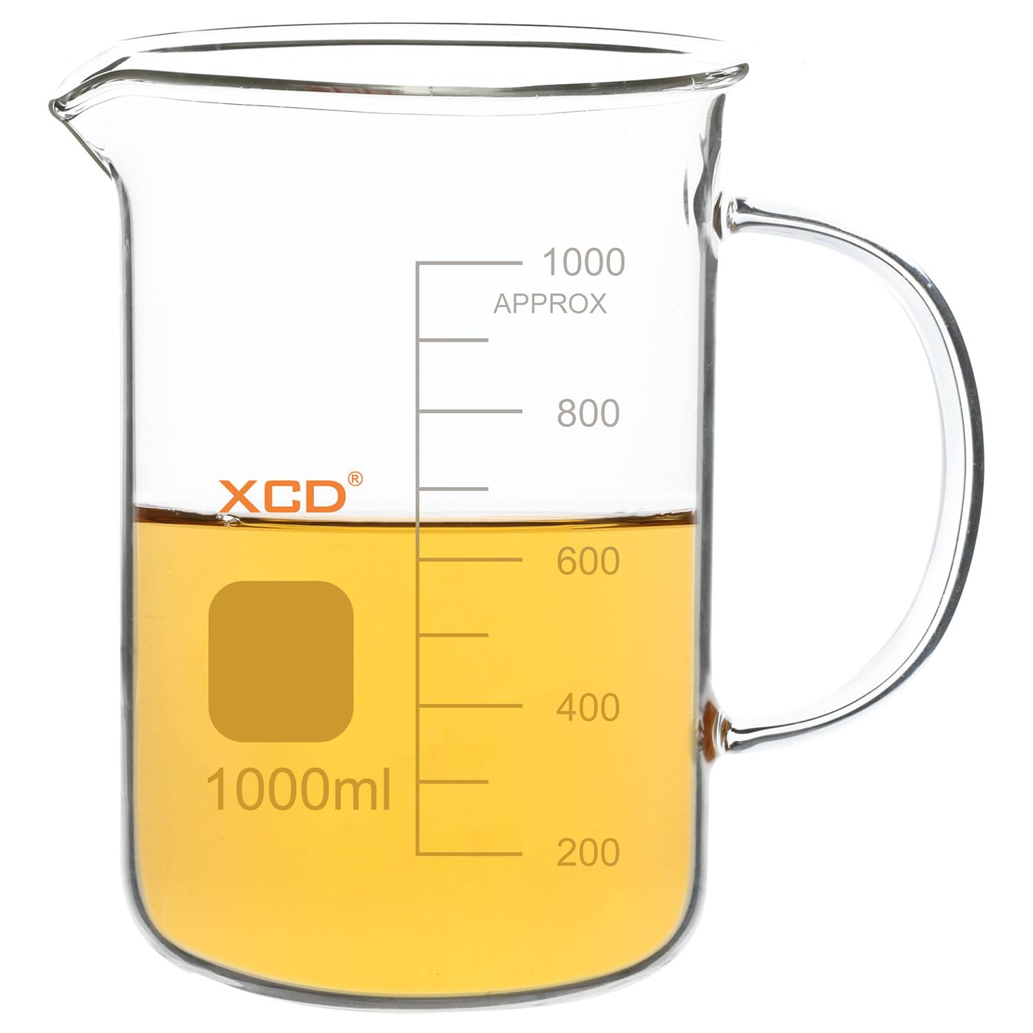 XCD Glass Beaker (1000 ml), Borosilicate Glass Beaker Low Form Griffin Graduated Beaker with Handle and Pouring Spout