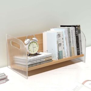 Desktop Bookshelf, Tilted Mini Bookshelf for Desk, Elegant Tabletop Bookshelf（Acrylic and Wooden ）, Book Shelf for Books Magazine CD, Tiny Bookshelf and Storage Rack in Living Room/Office/Home.