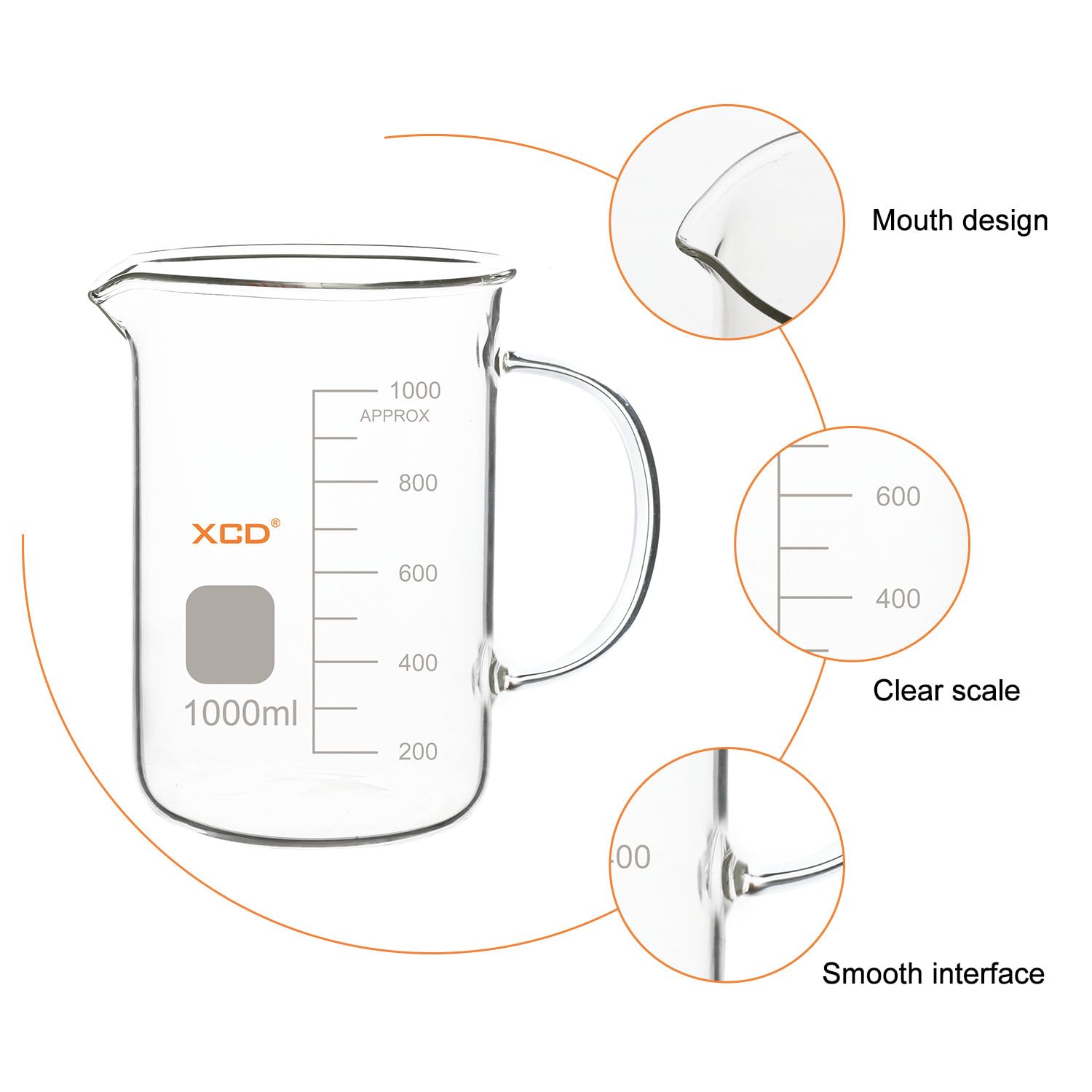 XCD Glass Beaker (1000 ml), Borosilicate Glass Beaker Low Form Griffin Graduated Beaker with Handle and Pouring Spout