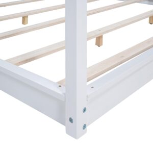 King Size Canopy Floor Bed Wood 4 Posters Platform Bed Frame with Slat Support, No Box Spring Needed, for Kids Teens Adults (King, White)