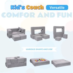 Elftopia Modular Kids Sofa,Toddler Couch Foam Armchair for Kids, Children Convertible Plush Sofa Play Set,Fold Out Sofa Bed(Grey)