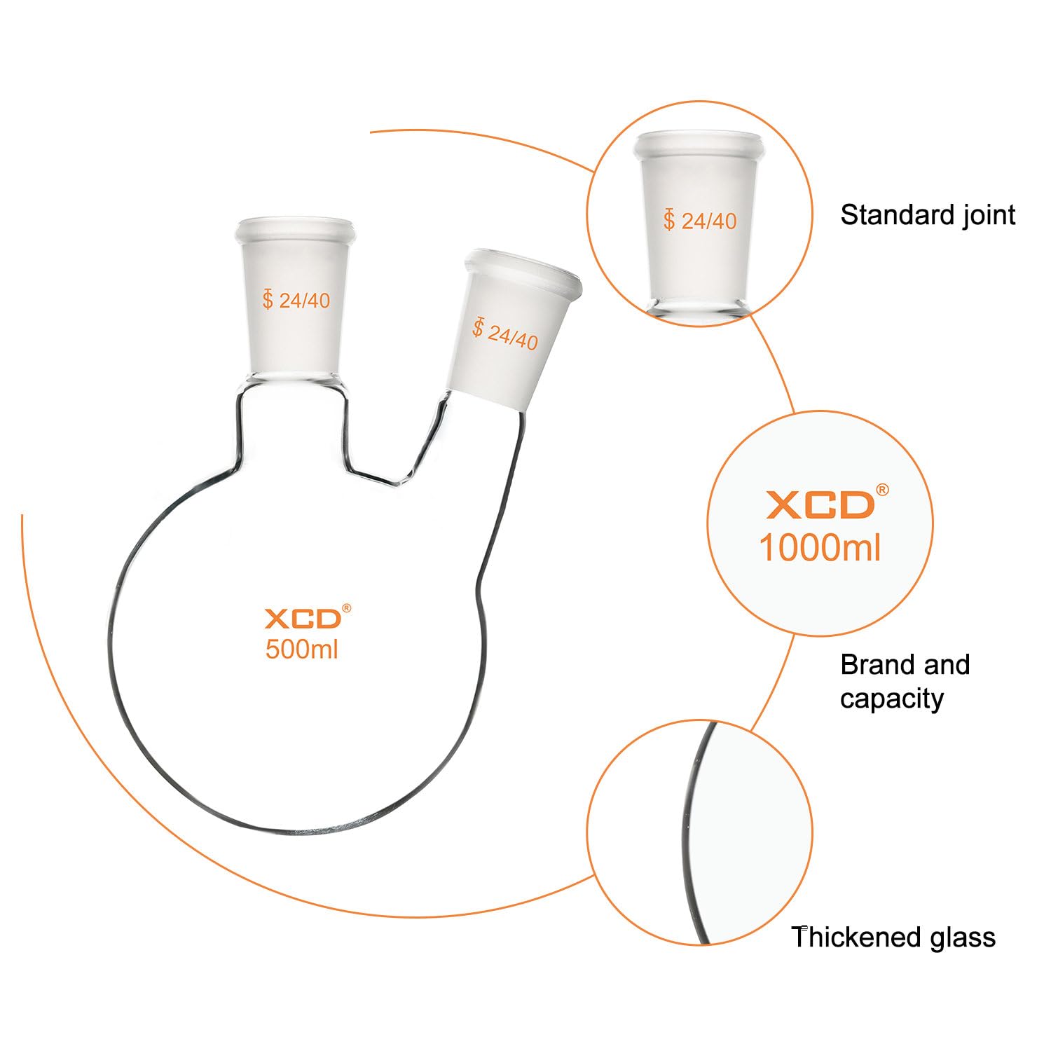 XCD Round Bottom Flask with 2 Necks, Borosilicate Glass Round Bottom Flask RBF Heavy Wall 2 Neck Lab Flask with 24/40 Center and Side Standard Taper Outer Joint (500 ml)