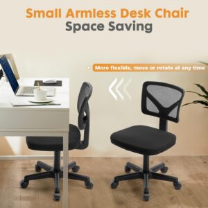 Sweetcrispy Armless Desk Chair - Small Home Office Chair with Wheels, Mesh Low Back Task Chair with Lumbar Support and Wheels, Adjustable Height 360° Rolling Swivel Computer Chair Without Arm, Black