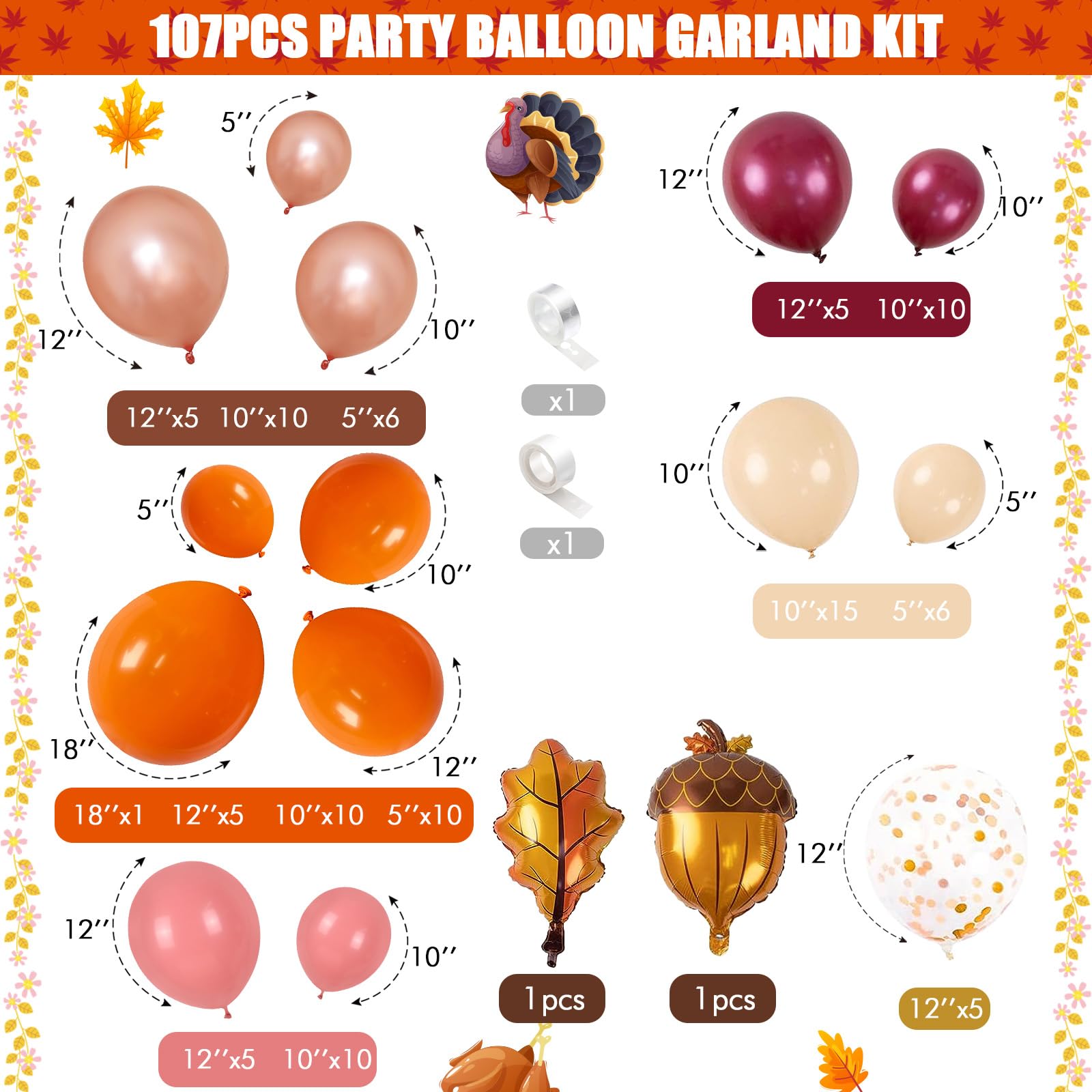 Fall Balloon Arch Kit, Fall Birthday Party Decor Orange Burgundy Dusty Pink Nude Balloon Garland with Maple Acorn Foil Balloons for Thanksgiving Autumn Fall Birthday Bridal Shower Party Decorations