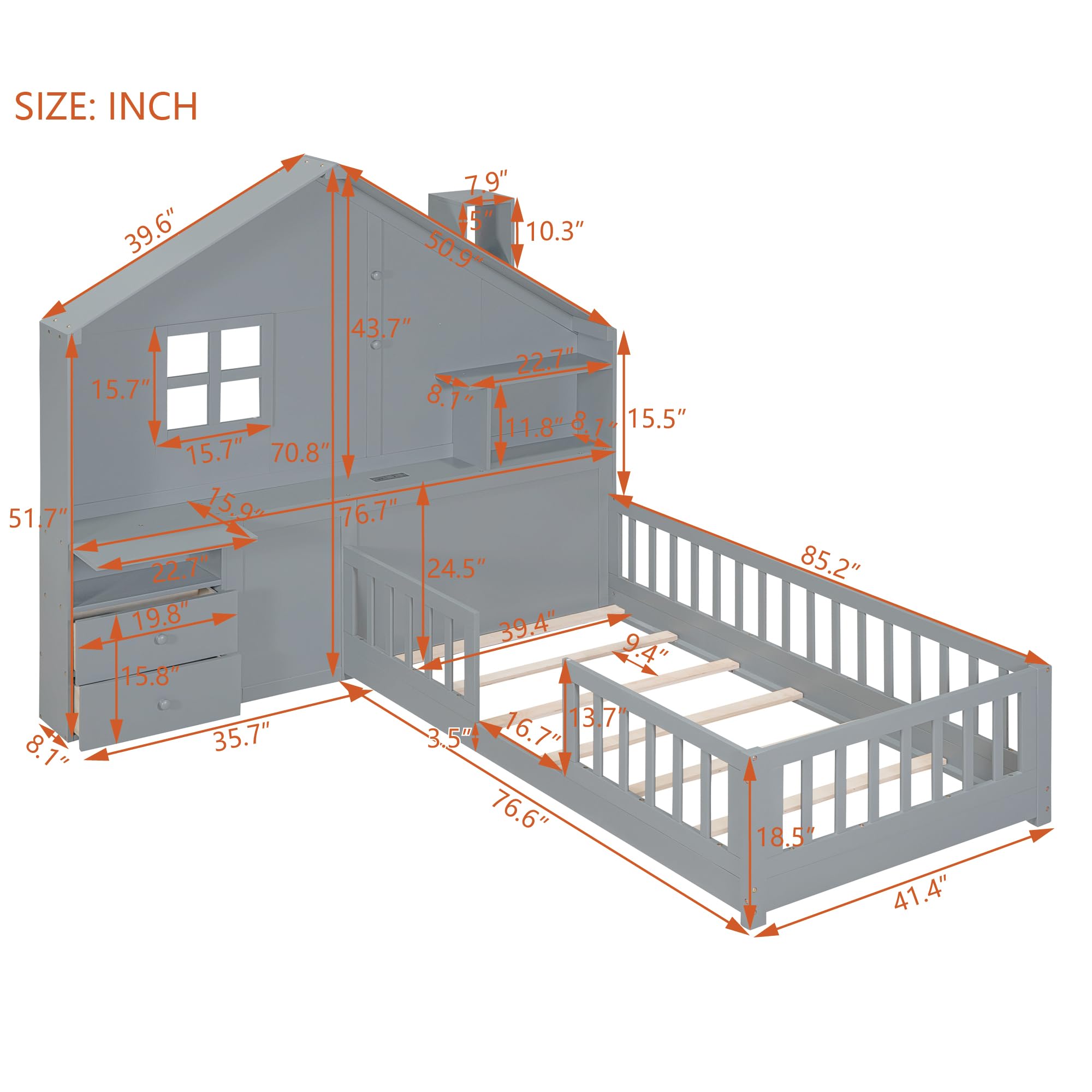 Floor Bed with Rails and House Shape Headboard, Twin Size House Beds with Storage Drawers and Shelves, Kids Montessori Bed with Charging Station for Girls Boys, USB Port & Outlets, Gray