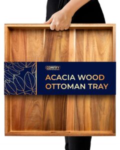 extra large (22") square premium acacia wood ottoman tray with handles - use for serving food in style for dinner, breakfast, snacks, bbq, entertaining guests & more