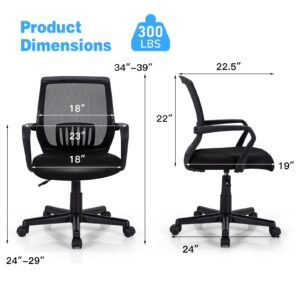 GRAFFY Office Desk Chair, 300 LBS Mesh Computer Chair w/Cushioned Seat, Executive Height Adjustable Rolling Chair, Mid Back Swivel Task Chair, Ergonomic Office Chair w/Lumbar Arm Support, Black