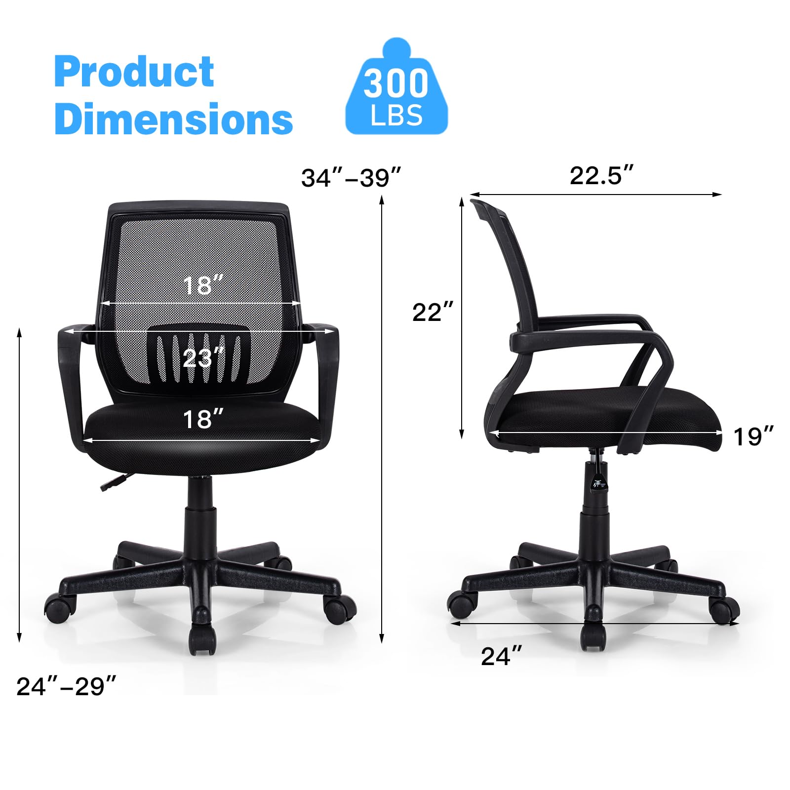 GRAFFY Office Desk Chair, 300 LBS Mesh Computer Chair w/Cushioned Seat, Executive Height Adjustable Rolling Chair, Mid Back Swivel Task Chair, Ergonomic Office Chair w/Lumbar Arm Support, Black