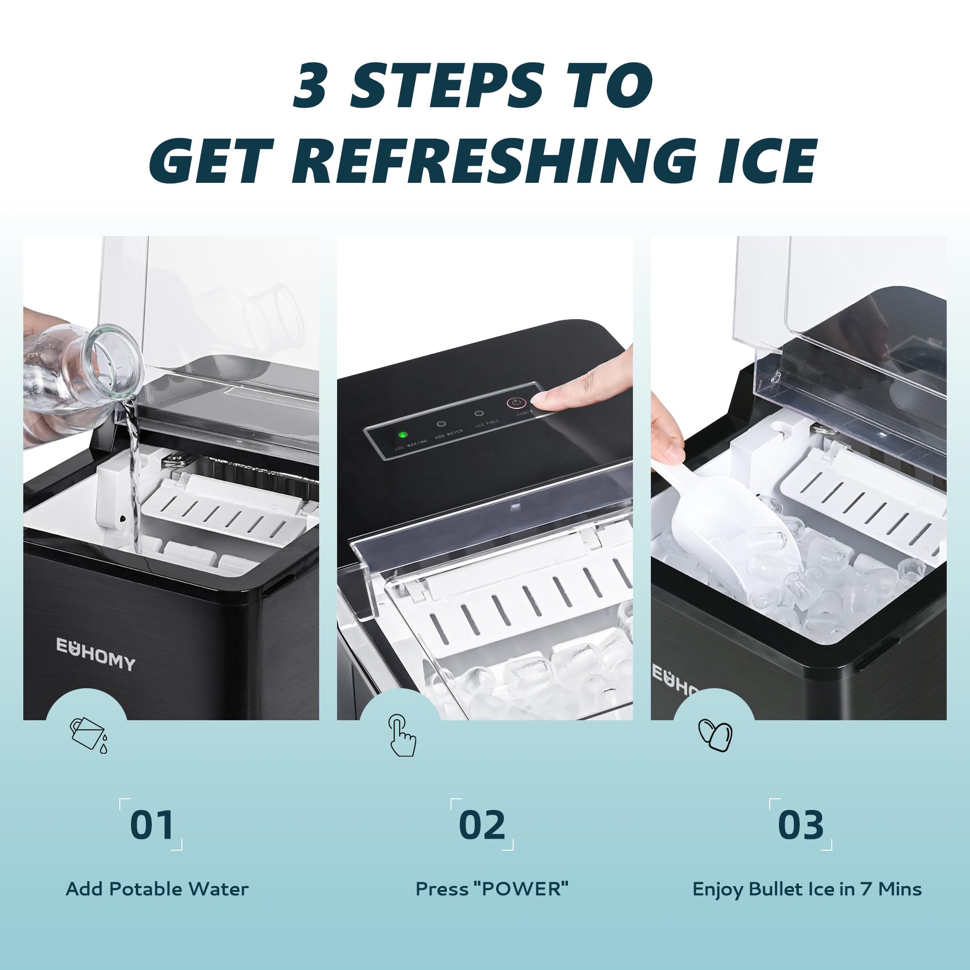 EUHOMY 34Lbs/24h Countertop Ice Maker Machine - Fully Flip Cover Cleaning, 2 Sizes Ice, 7 Mins 9 Bullet Ice, Portable Ice Maker with Basket and Scoop for Home/Kitchen/Office/Party. (Stainless)