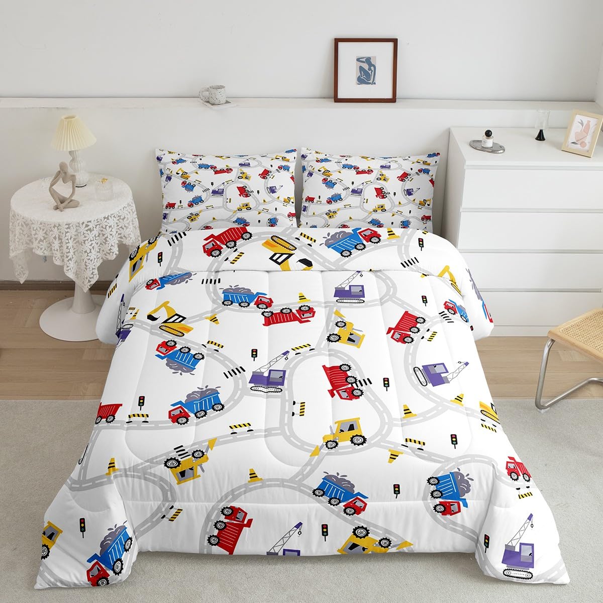 Feelyou Construction Bedding Set Kids Cartoon Truck Comforter for Boys Girls 3 Pcs Tractor Car Bedding with 2 Pillowcases Queen