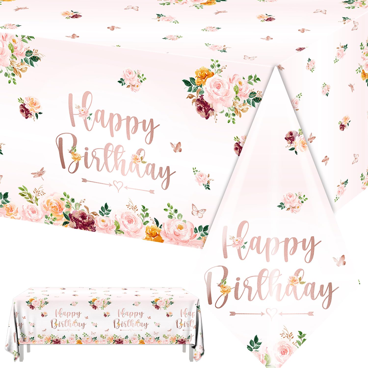 Gupesxu 3Pack Pink Rose Tablecloth-Happy Birthday Party Decoration Pink Floral Baby Shower Table Cover Plastic Rectangle Tables for Girl Kids Wedding,Sweet 16 Birthday Party