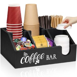 coffee station organizer, coffee cup holder for counter, wood coffee pod holder storage basket, coffee and tea condiment organizer for k cup sugar, rustic coffee bar decor for coffee accessories