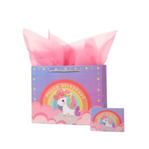 jabberwpacking 9.6" medium gift bags with tissue paper for girls birthday blue pink unicorn happy birthday gift bag