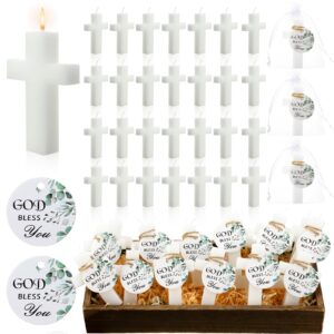 mtlee 36 set baptism favor candles cross candles baby shower favors religious candle holy communion christening favors for christian guests party wedding birthday gift (eucalyptus tag)