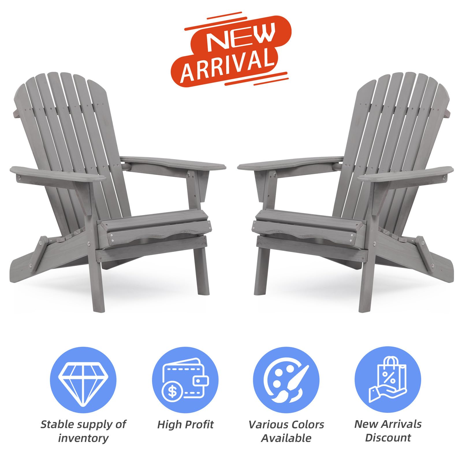 TURRIDU Adirondack Chair Set of 2, Folding Outdoor Patio Chair with Wide Armrest and High Back, Half Pre-Assembled Wooden Fire Pit Lounge Chairs for Garden, Lawn, Backyard, Deck, Pool Side, Grey