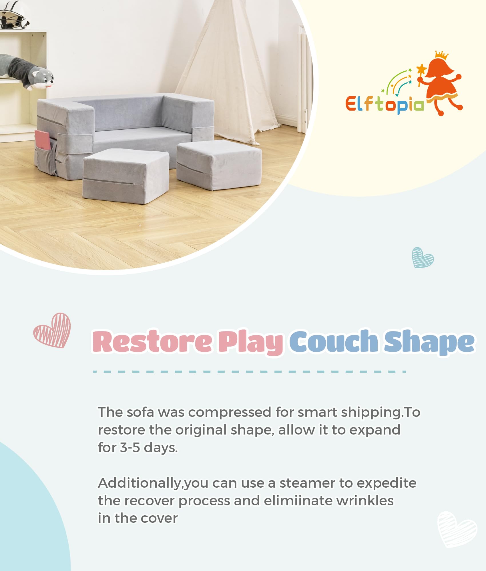 Elftopia Modular Kids Sofa,Toddler Couch Foam Armchair for Kids, Children Convertible Plush Sofa Play Set,Fold Out Sofa Bed(Grey)